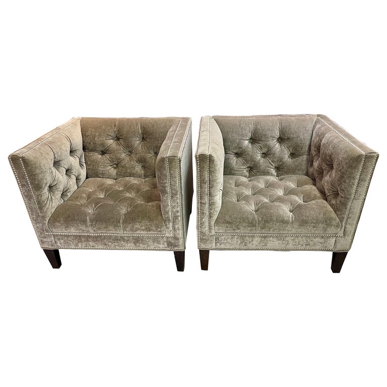 Lillian August Tufted Square Back Pair of Gray Velvet Chesterfield ...