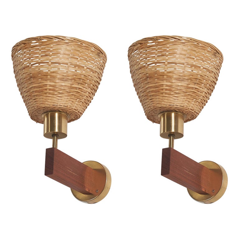 Swedish Designer, Sconces, Brass, Teak, Rattan, Sweden, c. 1960s at 1stDibs