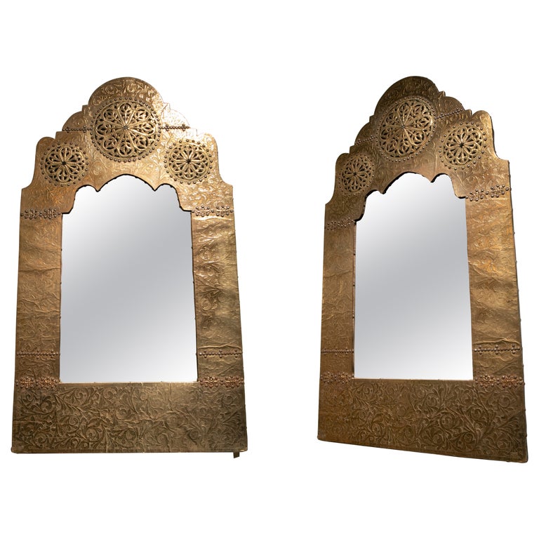 Moroccan Pair of Brass Hand Carved Wall Mirrors For Sale at 1stDibs