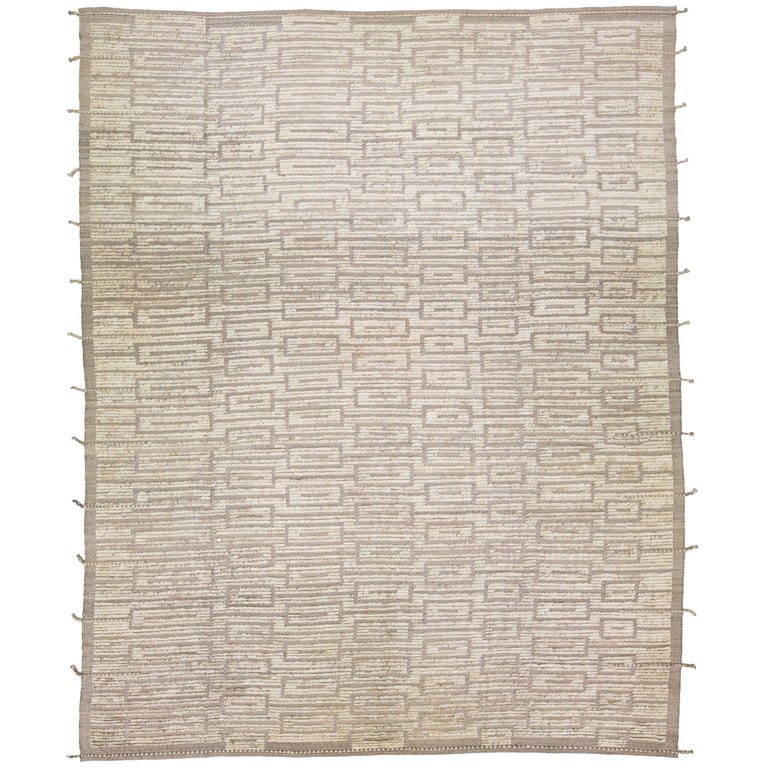 Beige Modern Moroccan Style Handmade Geometric Wool Rug For Sale at 1stDibs