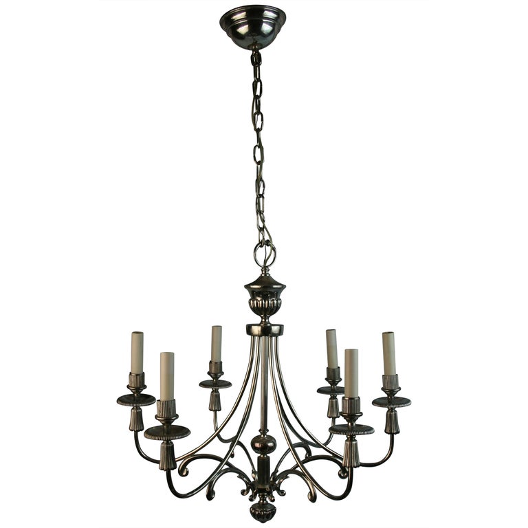 French Six Light Nickel Classical Modern Chandelier, 1960's For Sale at ...
