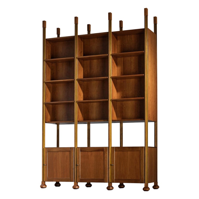 Italian Large Library in Walnut and Brass For Sale at 1stDibs