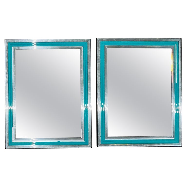 Pair of Art Deco Wall, Mantle or Console Mirrors with Turquoise Beveled ...