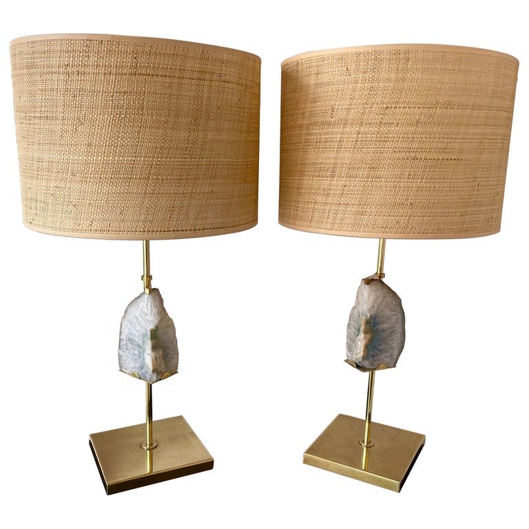 Contemporary Pair of Brass Lamps Blue Agate Stone Rattan Shades. Italy ...