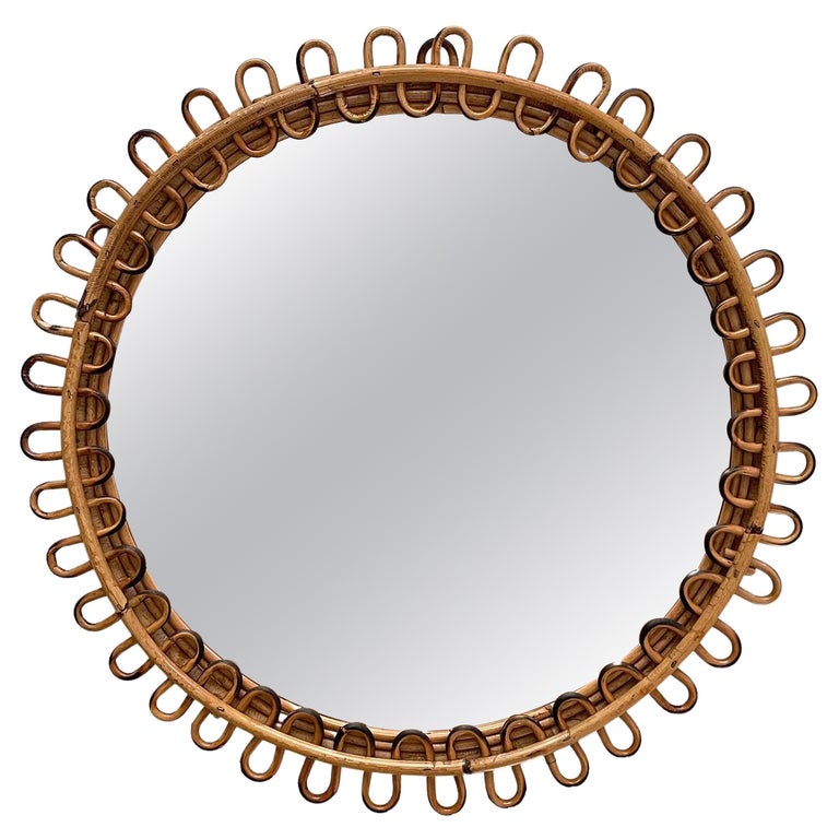 Italian Rattan Circular Mirror For Sale at 1stDibs