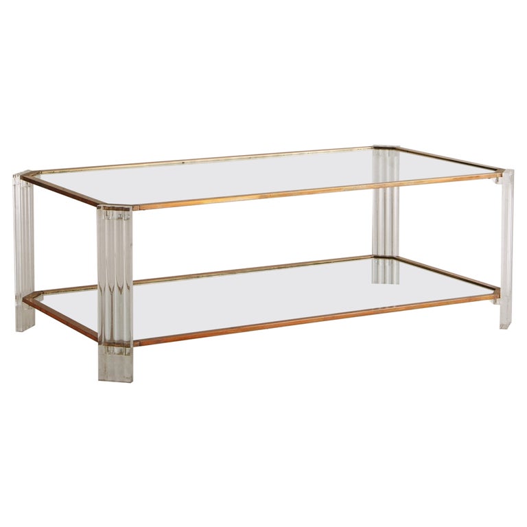 Lucite + Glass Coffee Table with Brass Trim, France, 1970s For Sale at ...