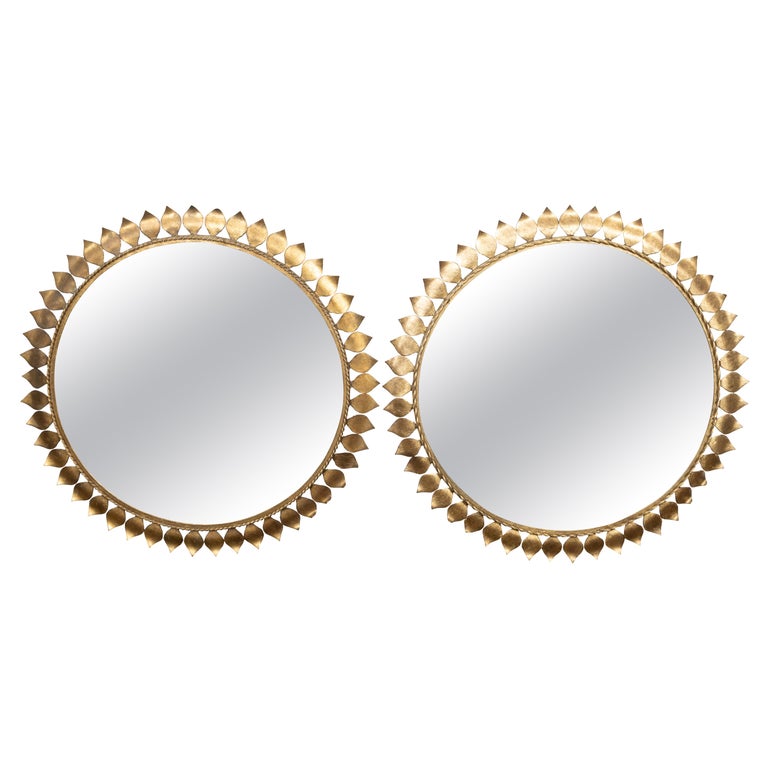 Pair of Midcentury Spanish Gilt Metal Round Mirrors with Leaves and ...