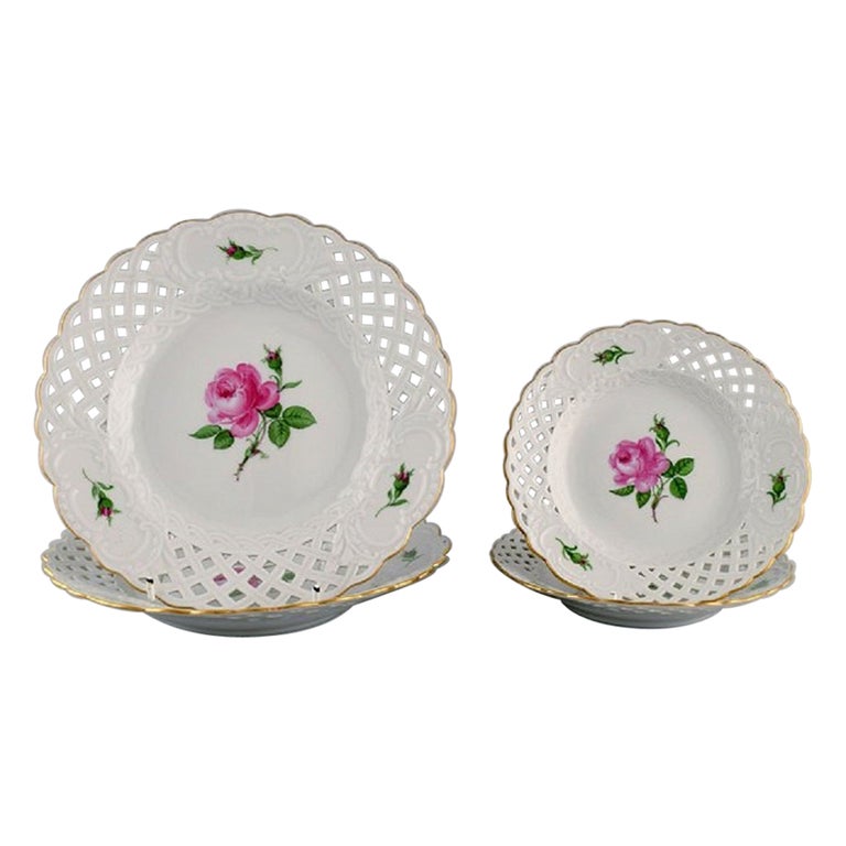 Four Meissen Pink Rose Plates in Openwork Porcelain with Hand-Painted ...