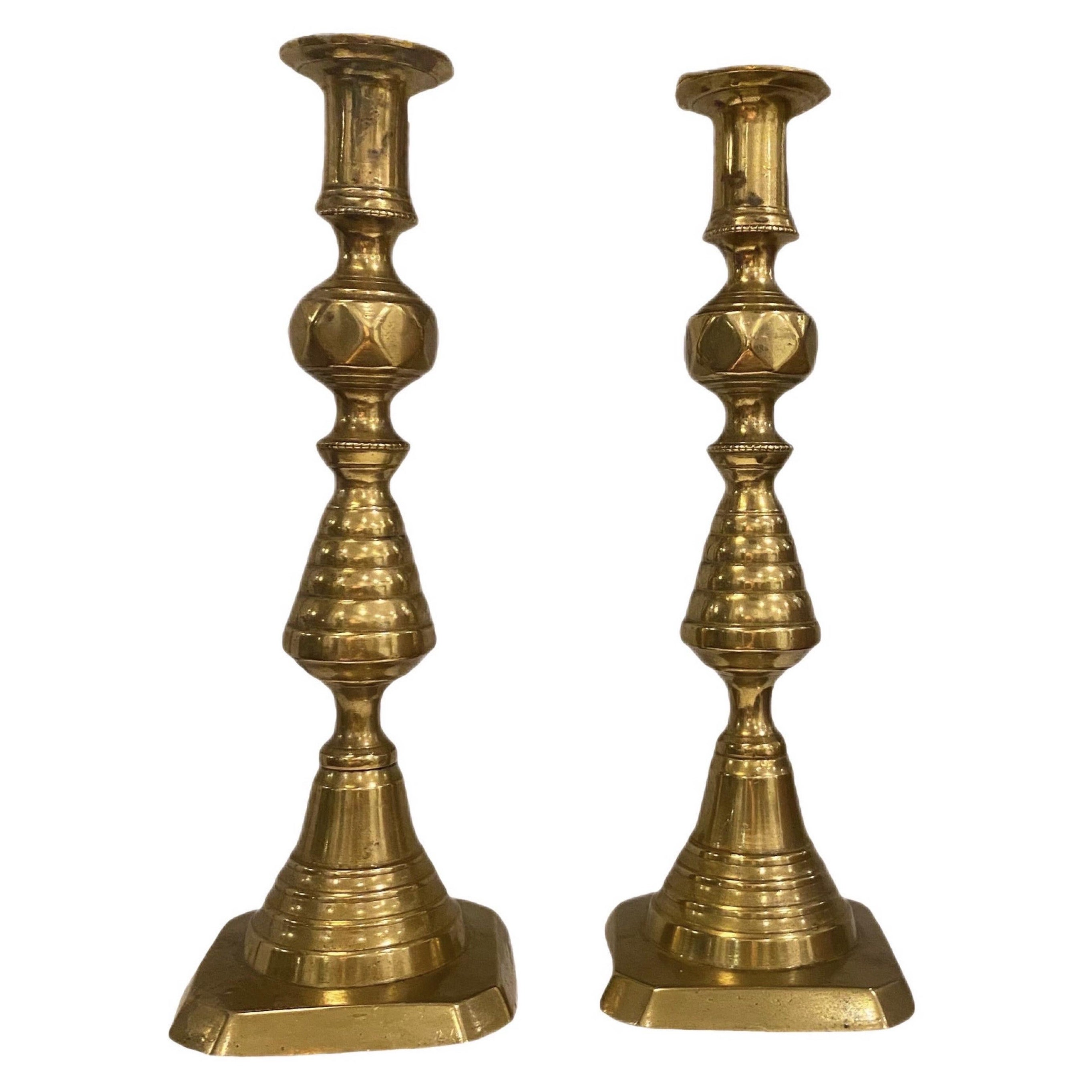 Pair of 19th Century Inverted Beehive/ Jack of Diamond Brass Candle ...