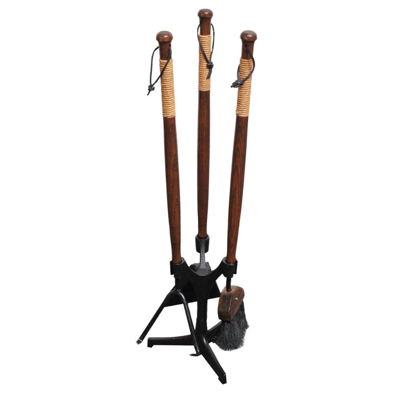 Midcentury Fire Tools in Papercord, Ash, and Iron For Sale at 1stDibs