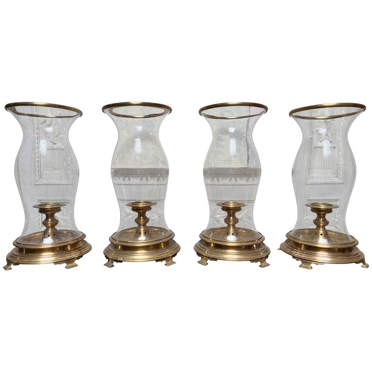 Set of Four Large Brass and Glass Hurricanes by Chapman at 1stDibs