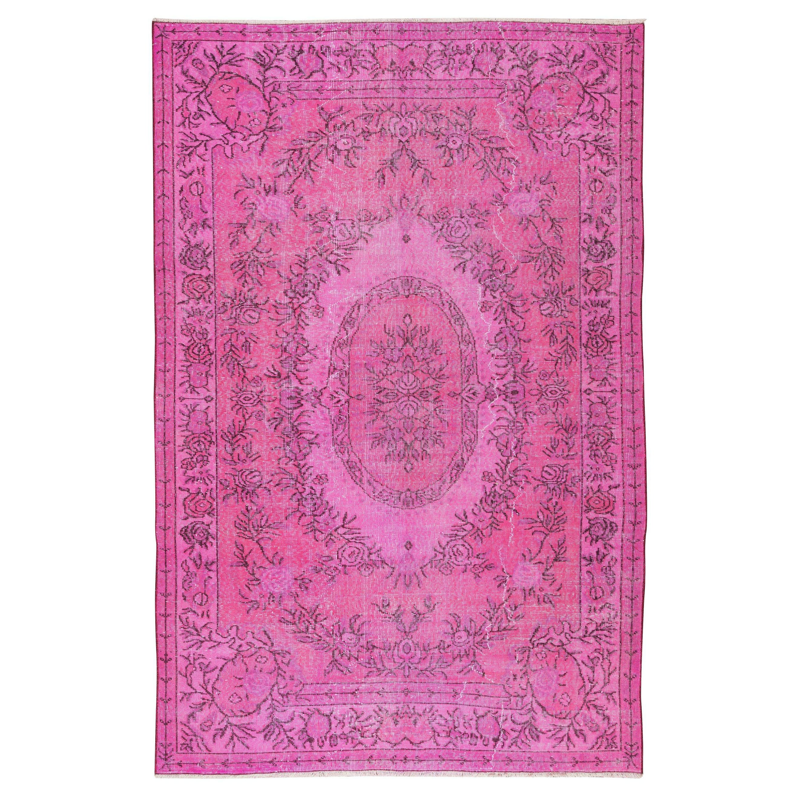 5.7x8.4 Ft Vintage Rug Over-Dyed in Pink for Living Room, Hand Knotted ...