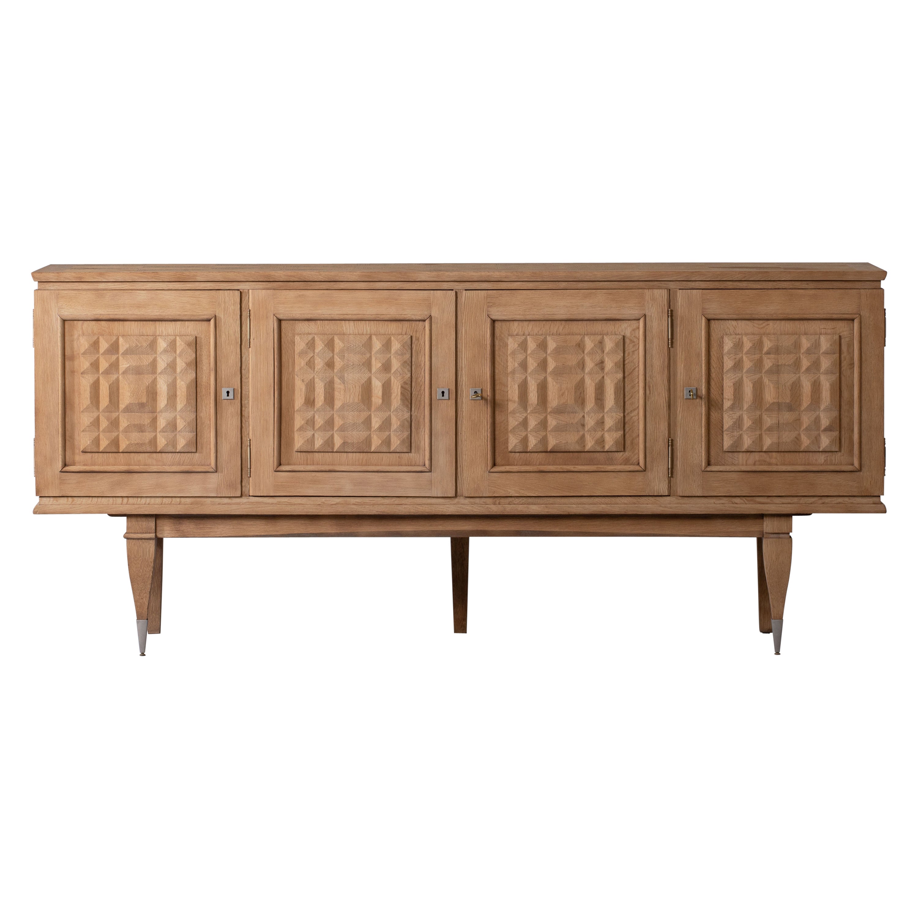 Bleached Solid Oak Credenza with Diamonds Details, France, 1940s at 1stDibs