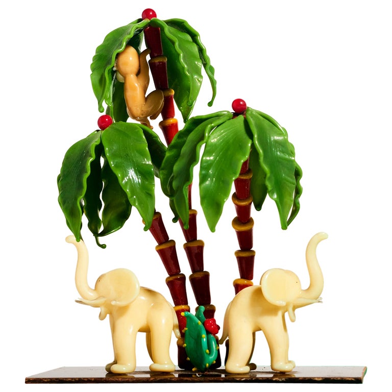 Rare Czech Elephant Monkey and Palm Tree Figurine For Sale at 1stDibs