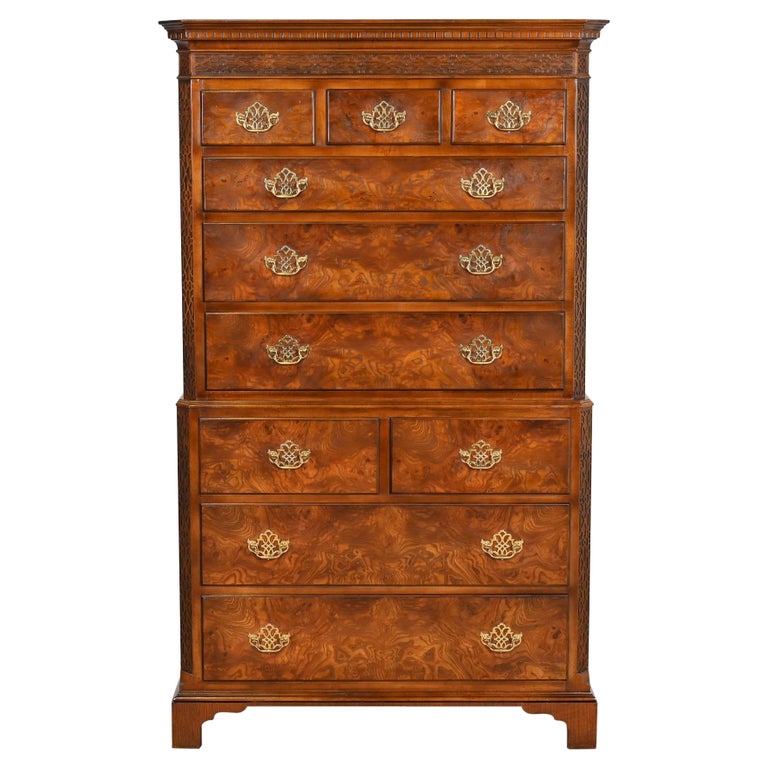 Baker Furniture Chippendale Burled Walnut Ten-Drawer Highboy Dresser at ...