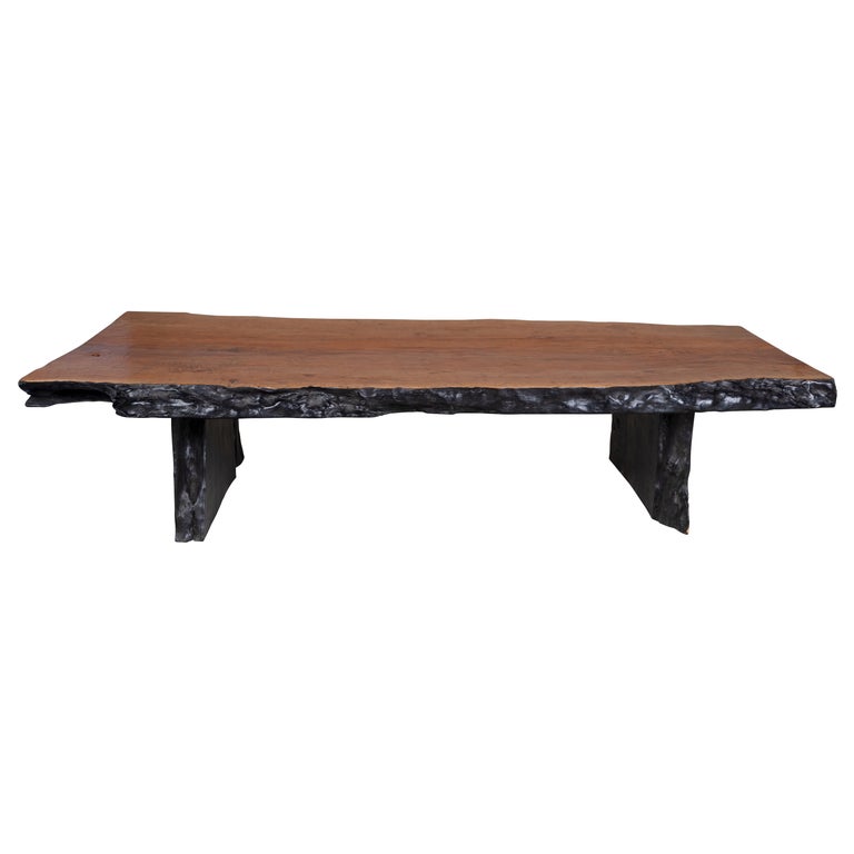 Organic Form Lychee Coffee Table Slab with Ebonized Black Sides and Red ...