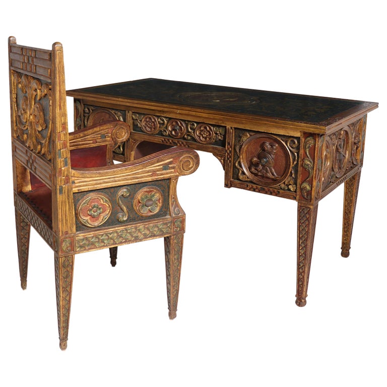 Italian Antique Desk and Chair For Sale at 1stDibs