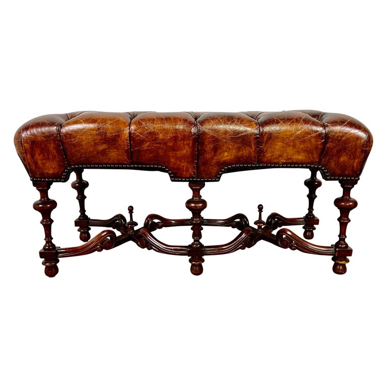 19th C. English Leather Tufted Bench For Sale at 1stDibs