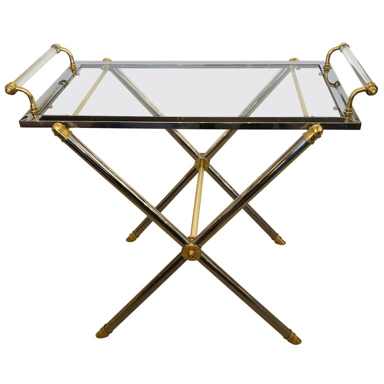 Chic Steel Brass and Glass Tray Table on Stand For Sale at 1stDibs