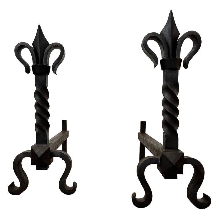 Pair of French Wrought Iron Adirons, 1940s For Sale at 1stDibs
