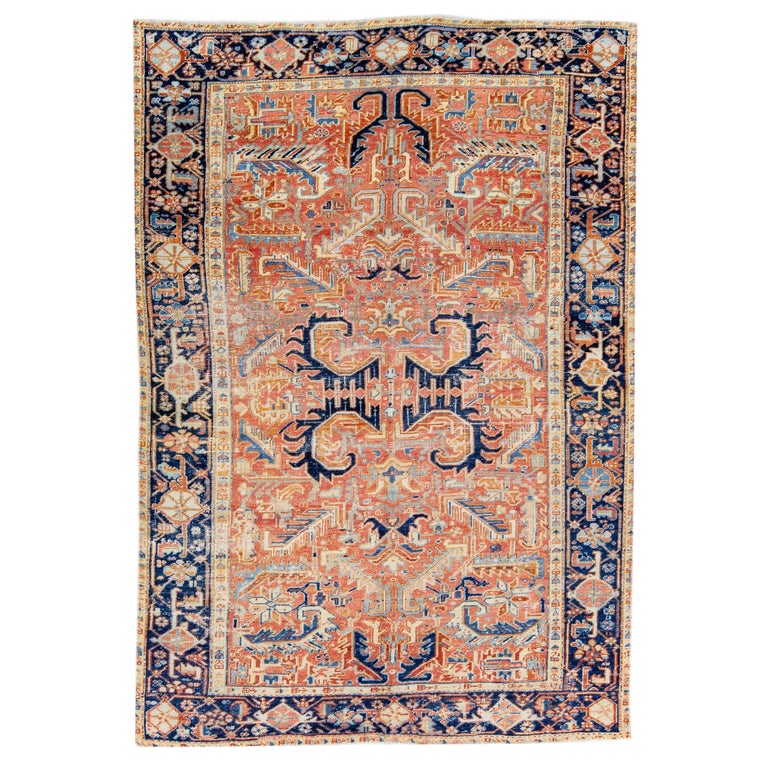 Rust Antique Persian Heriz Handmade Geometric Motif Wool Rug For Sale ...