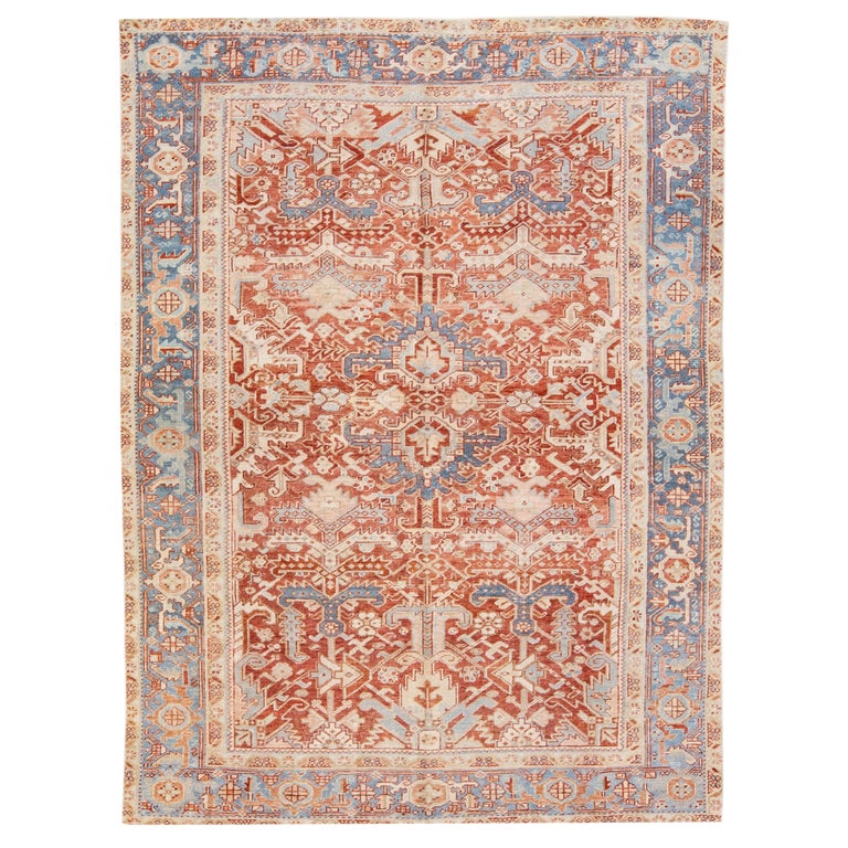 Antique Persian Heriz Handmade Rust Red Geometric Wool Rug For Sale at ...