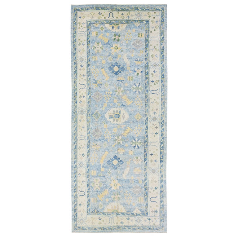 Light Blue Modern Turkish Oushak Handmade Floral Designed Wool Runner ...