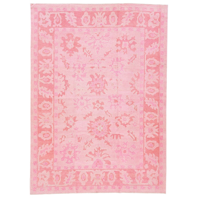Pink Modern Turkish Oushak Handmade Room Size Wool Rug With Floral ...