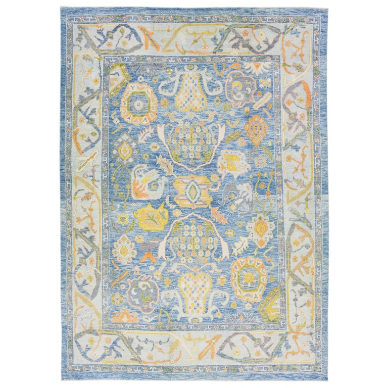 Modern Turkish Oushak Blue Handmade Wool Rug With Floral Motif For Sale ...