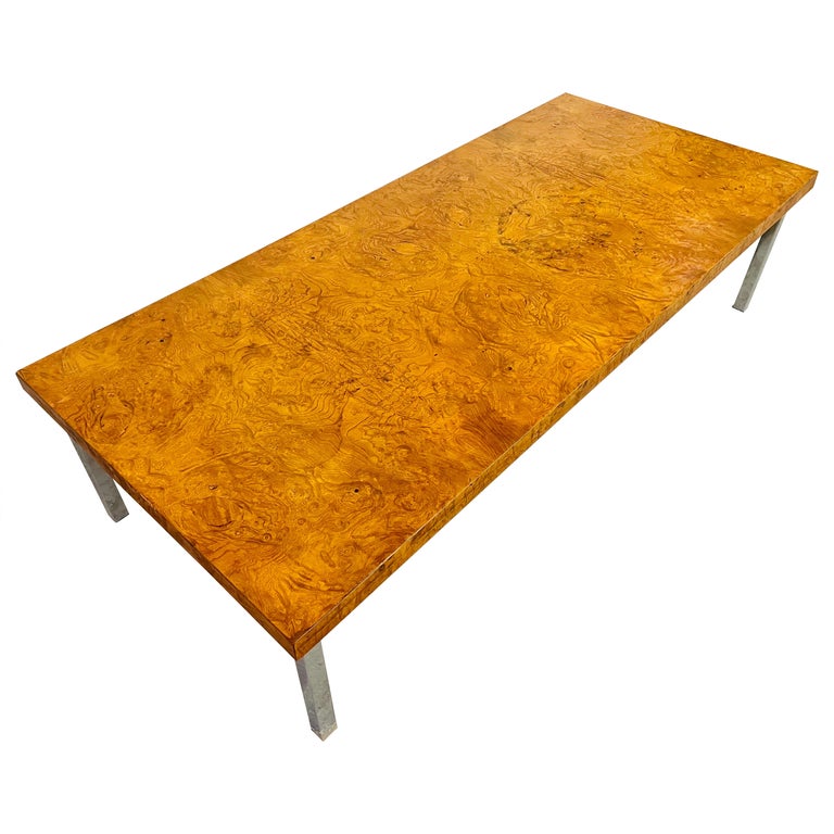 Vintage Milo Baughman Burled Wood Flat Bar Chrome Coffee Table at 1stDibs