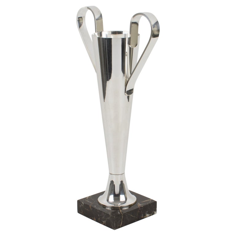 French Art Deco Tall Silver Plate Vase with Handles on Marble Base For ...