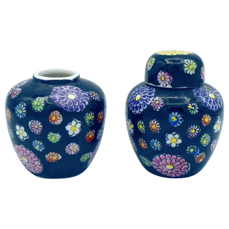 Pair of Black Floral Mini Porcelain Ginger Jars For Sale at 1stDibs