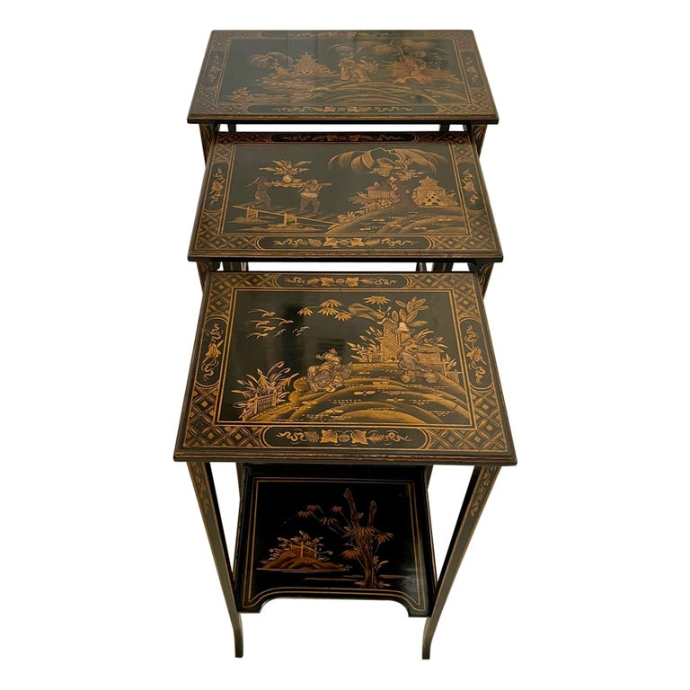 Antique Nest of 3 Quality Chinoiserie Decorated Tables For Sale at 1stDibs
