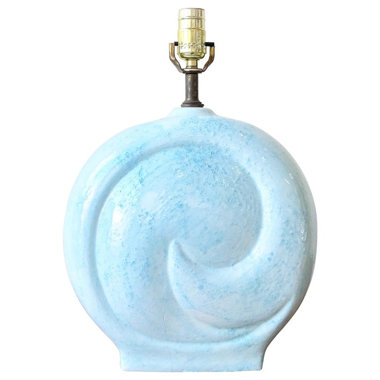 Postmodern Baby Blue Ceramic Swirl Three Way Table Lamp For Sale at 1stDibs