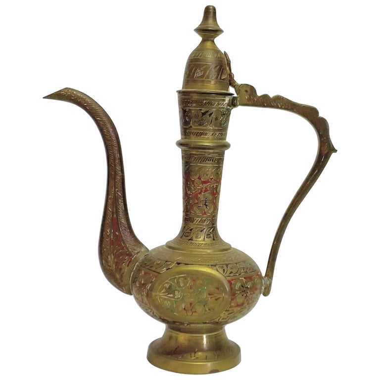 Vintage Brass Etched and Enameled Tea/Coffee Pot For Sale at 1stDibs