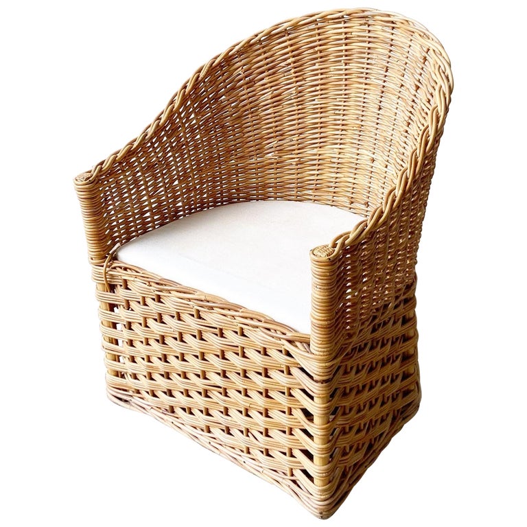 Boho Chic Wicker Barrel Chair with Tufted White Cushions, 1980s For ...