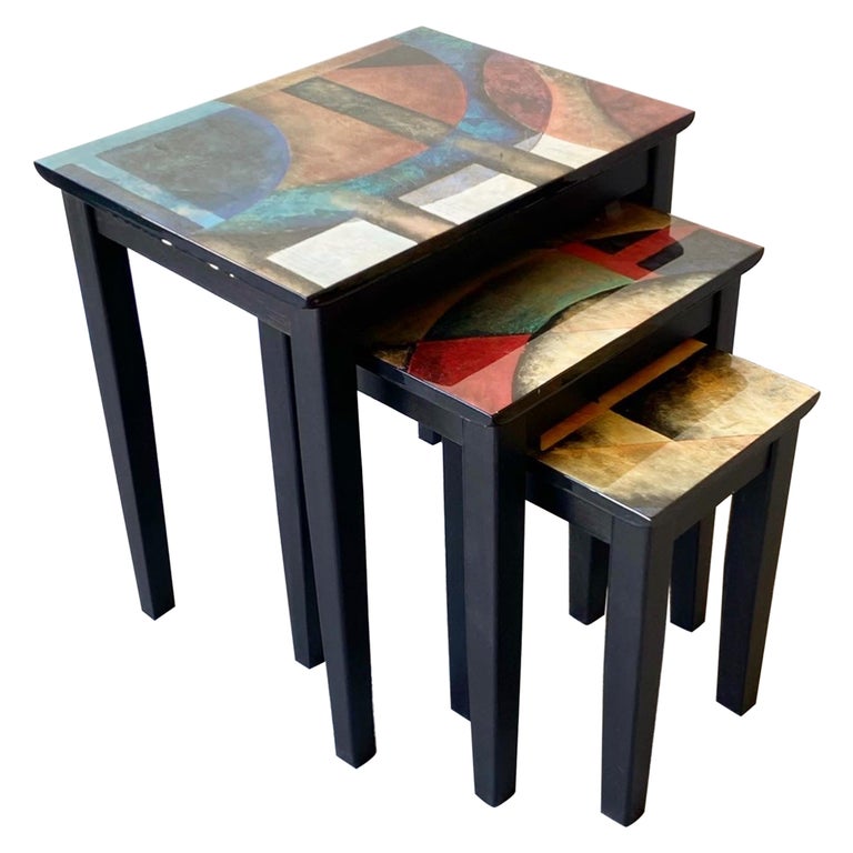 Set of 3 Art Deco Abstract Lacquered Nesting Tables, 1980 For Sale at ...