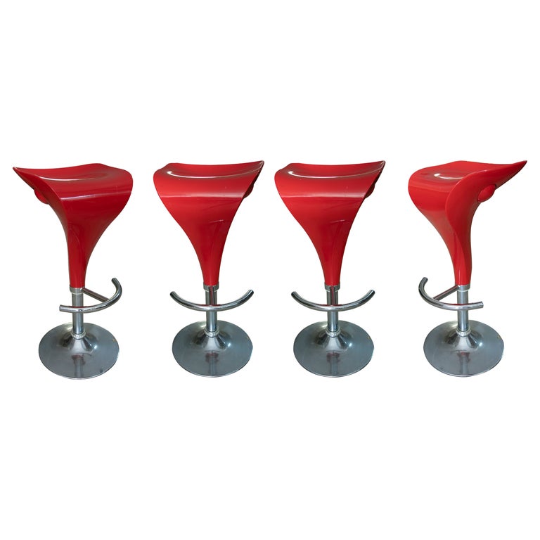 Four Red Stools Set Without Backrest Made in Resine and Steel For Sale ...