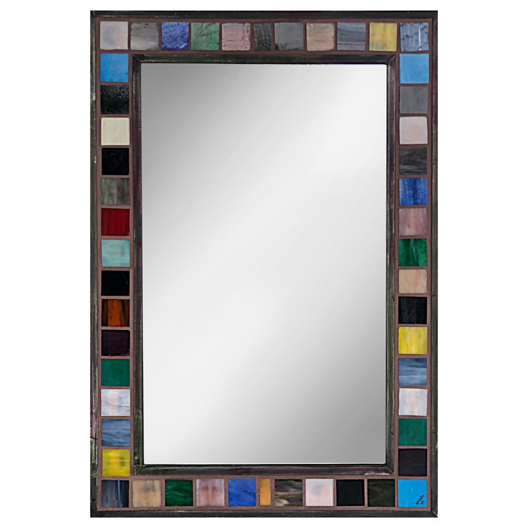 Cerused Wood and Colorful Stained Glass Wall Mirror Signed Amado Dated ...