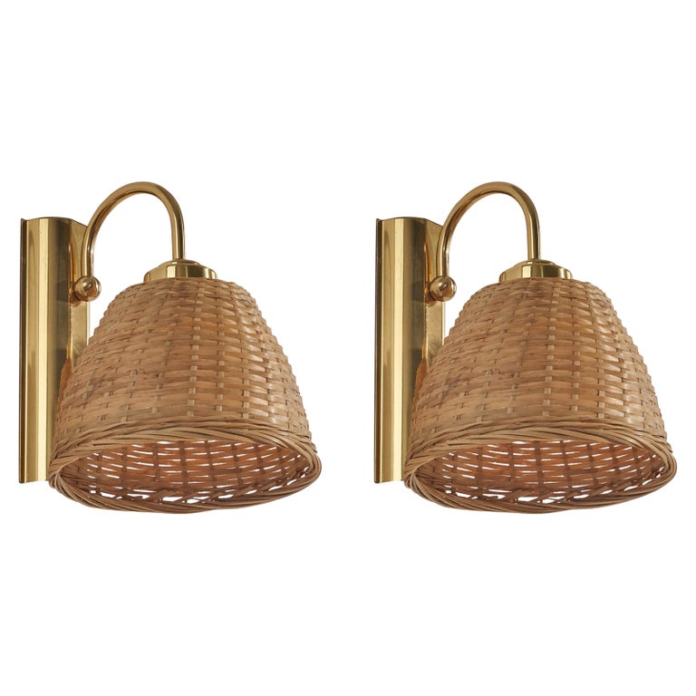 Swedish Designer, Sconces, Brass, Rattan, Sweden, c. 1970s For Sale at ...