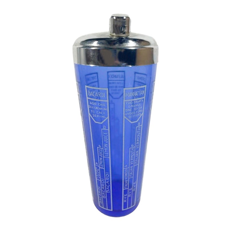 Art Deco Cobalt Glass Cocktail Shaker with Recipes in White Enamel For ...