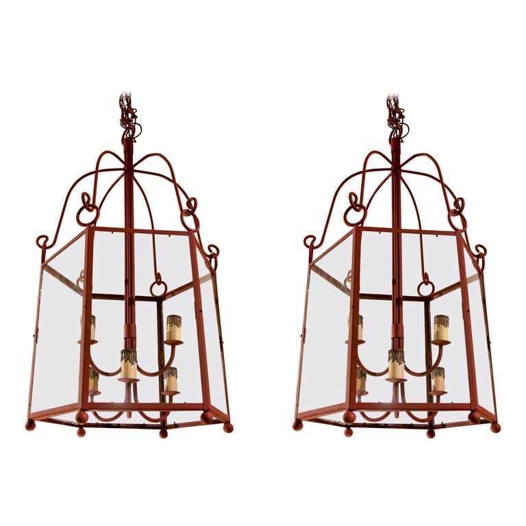1990s Pair of Painted in Red Iron Lanterns with Glass For Sale at 1stDibs