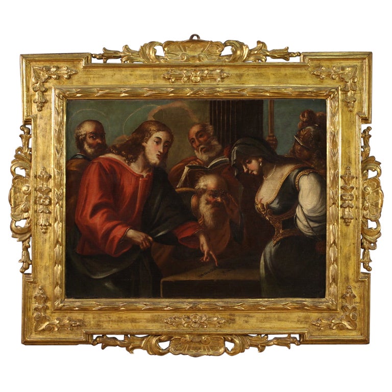 17th Century Oil on Canvas Italian Religious Painting Jesus and the Adulteress For Sale at 1stDibs