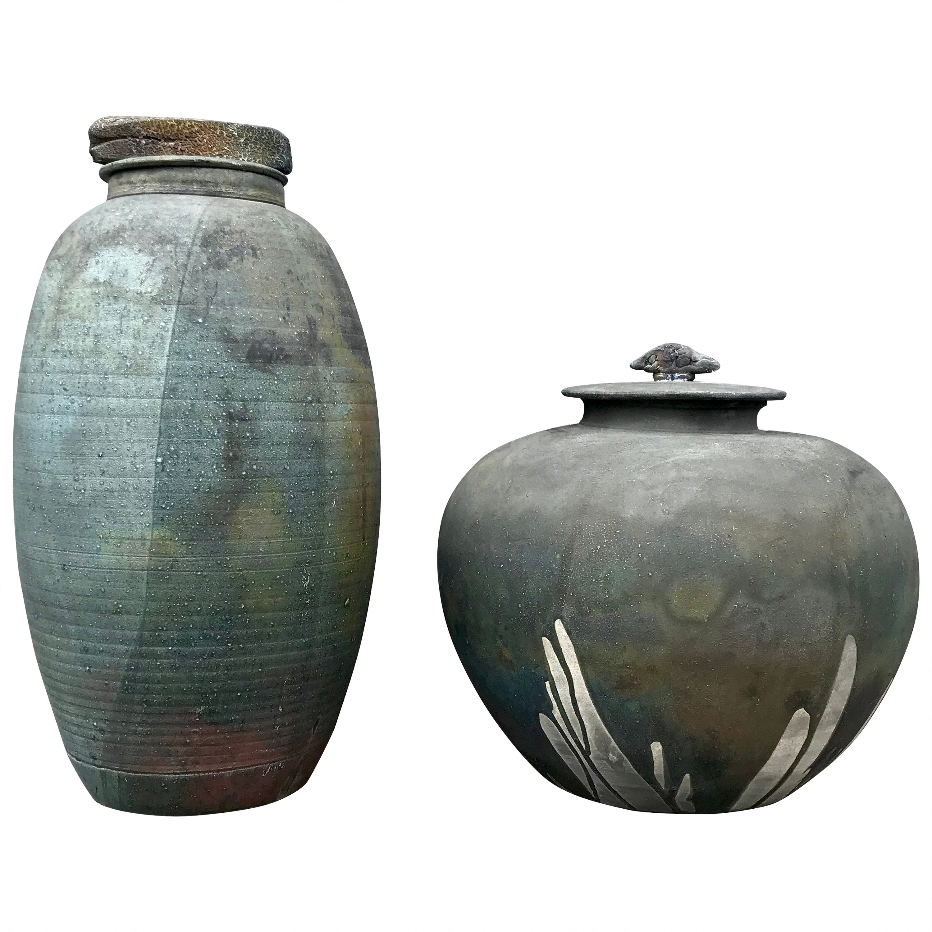 Jon Oakes Large Raku Ware Pottery Vessels, 1990's at 1stDibs