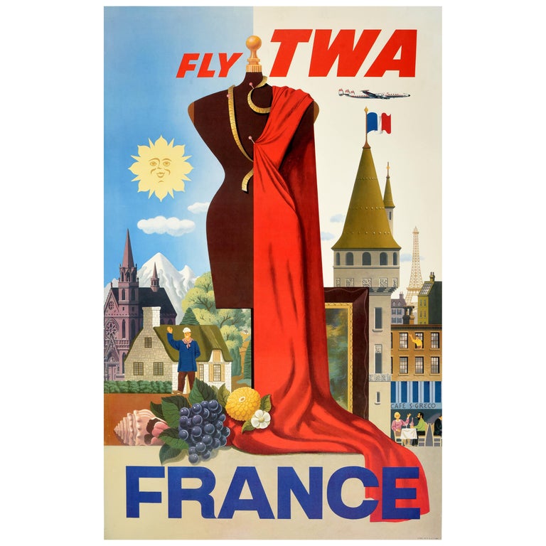 Original Vintage Travel Poster France Fly TWA Lockheed Constellation ...