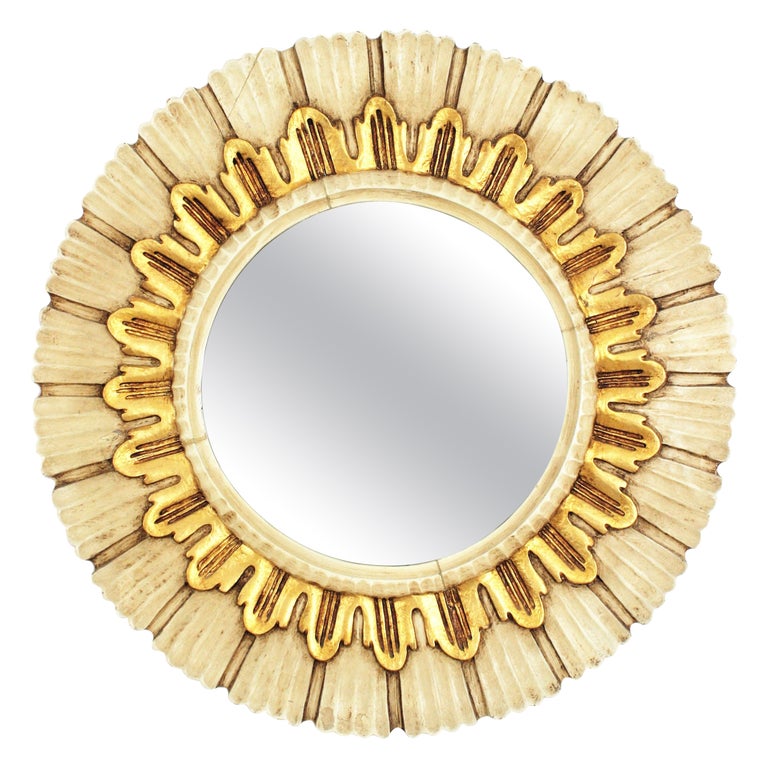 Spanish Sunburst Round Wall Mirror in Beige and Gold Giltwood For Sale ...