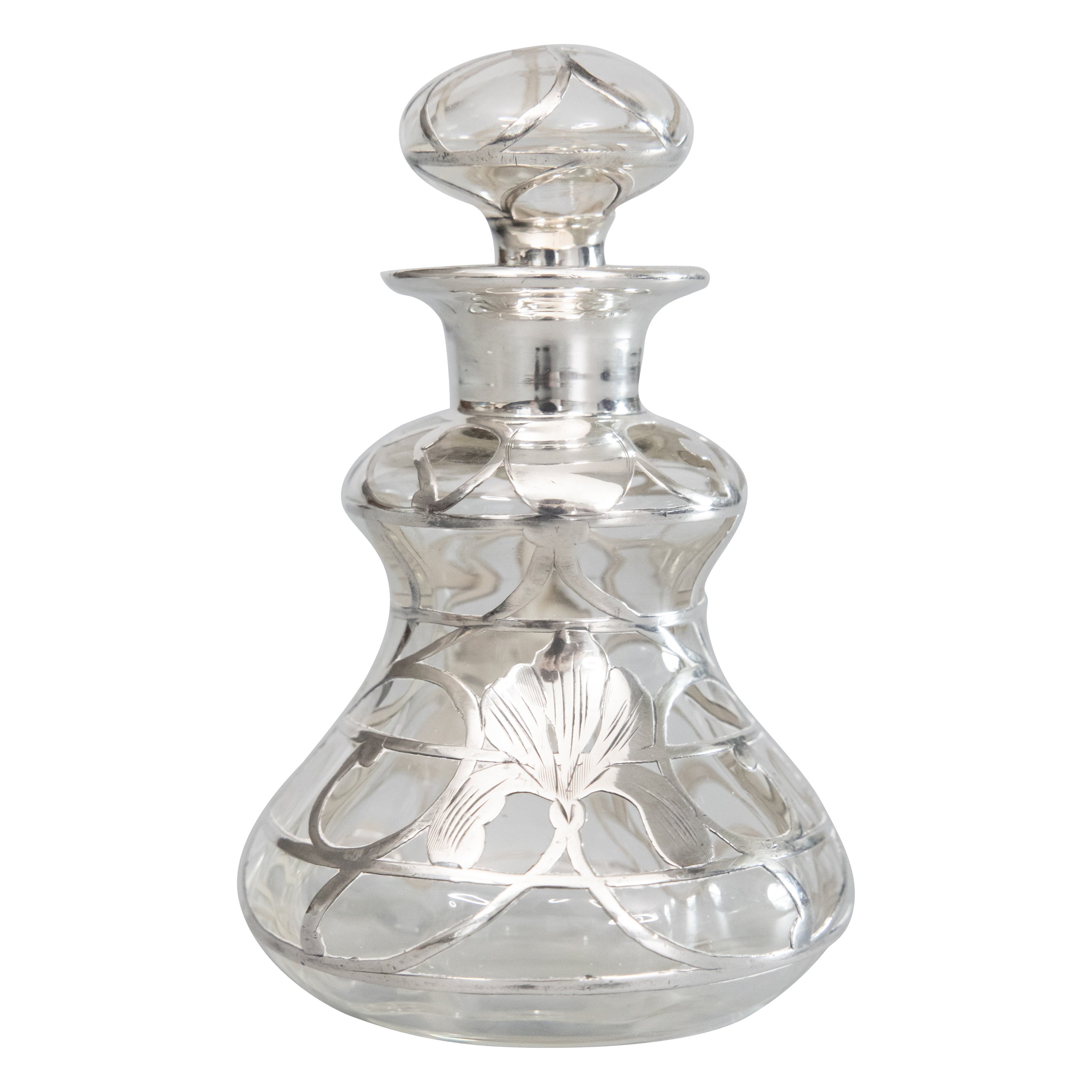 Art Nouveau French Silver Overlay Iris Glass Perfume Bottle For Sale at ...