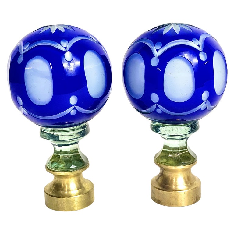 Stunning Pair of Blue Overlay Cut Crystal Newel Post Finials at 1stDibs