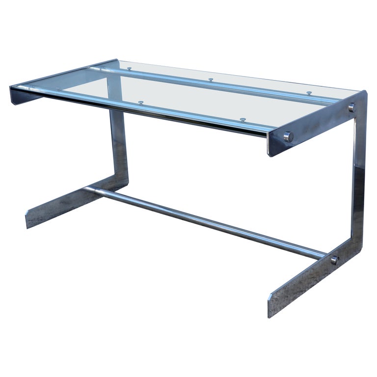 1970's Modernist French Brushed Steel and Glass Desk For Sale at 1stDibs