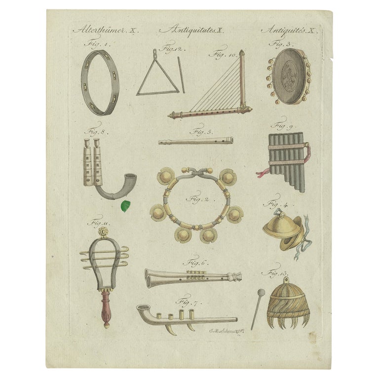 Beautiful Original Hand-Colored Antique Print of Music Instruments, c ...